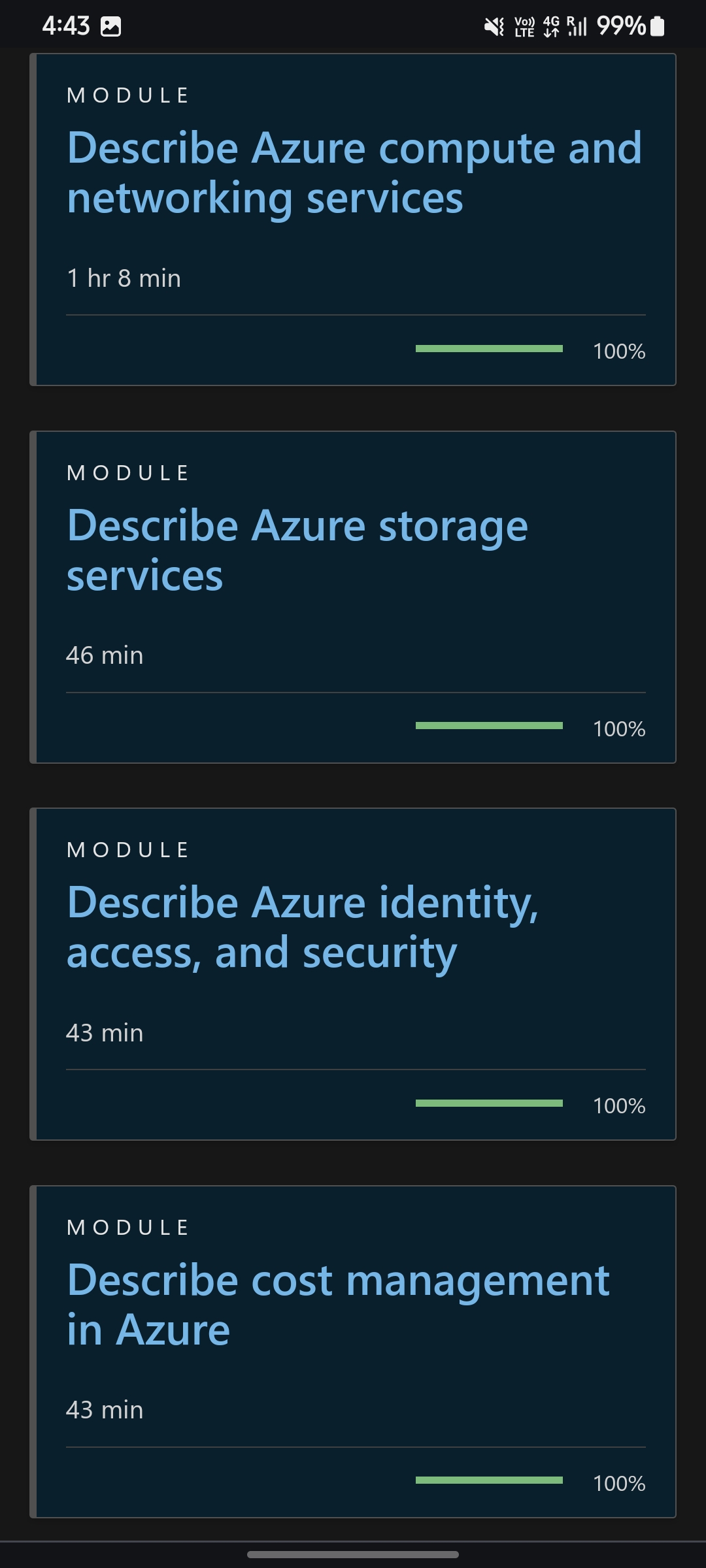 Already completed all the modules and also showing 100% but in the main ...