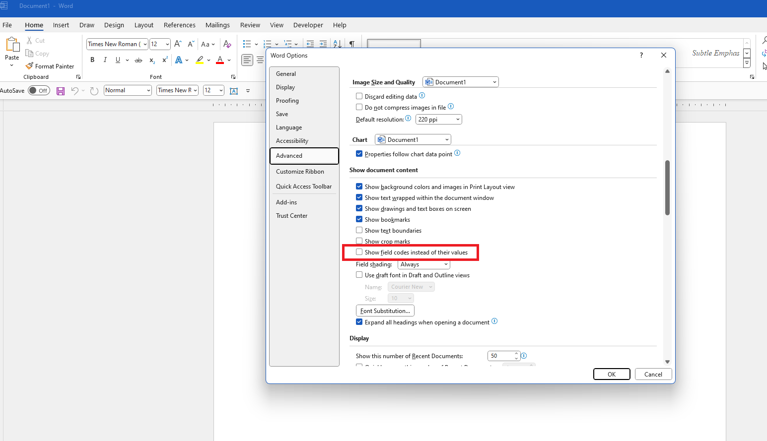 Show field codes instead of their values Greyed Out - Microsoft Word ...