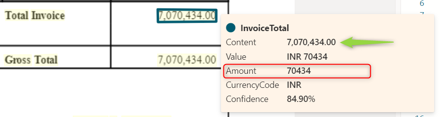 The 'Amount' does not match the 'Content' in some documents using the Prebuilt-Invoice model ...