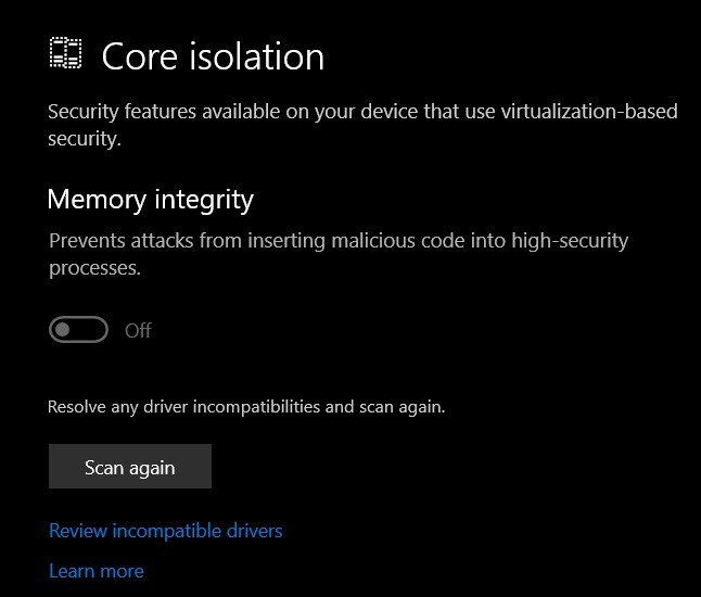 Core isolation Memory integrity issue - Microsoft Q&A