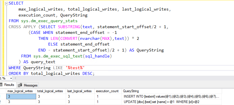 DMV query stats column : logcial_write - Microsoft Q&A