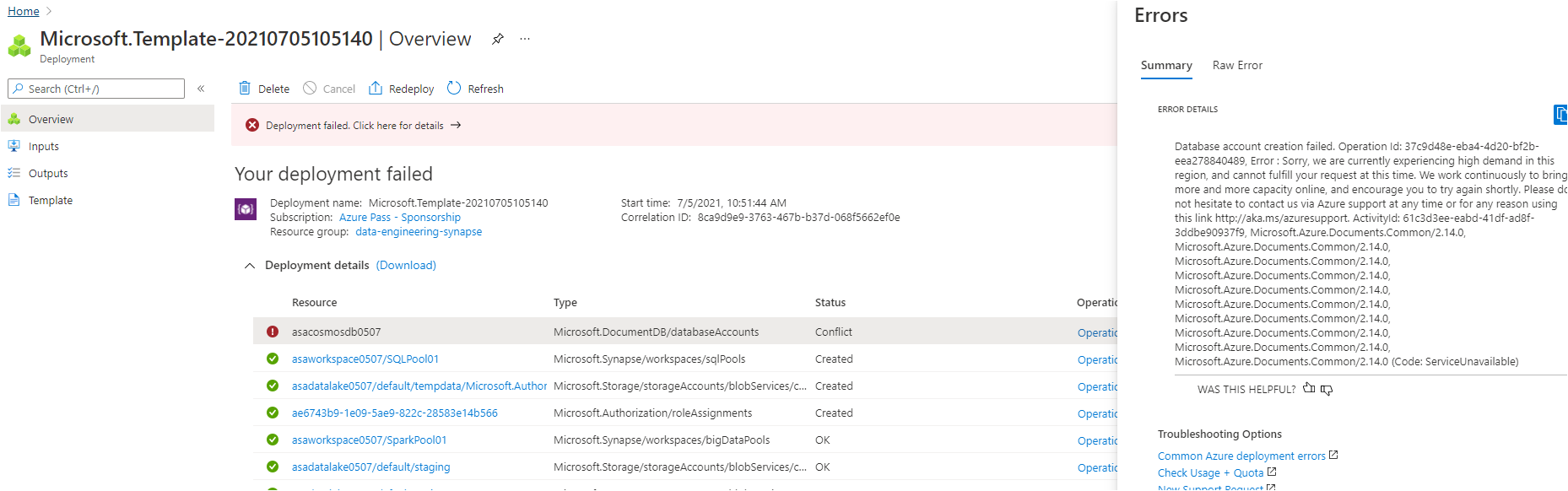 DP203 -Deployment failed -database accoutn creation - Microsoft Q&A