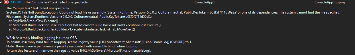 Custom Buld Task when used in csproject, throws 'Caould not find System ...