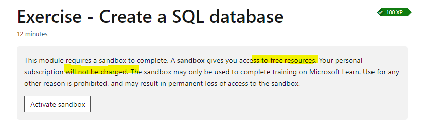 Cost in the creation of the SQL database on the sandbox in the course ...