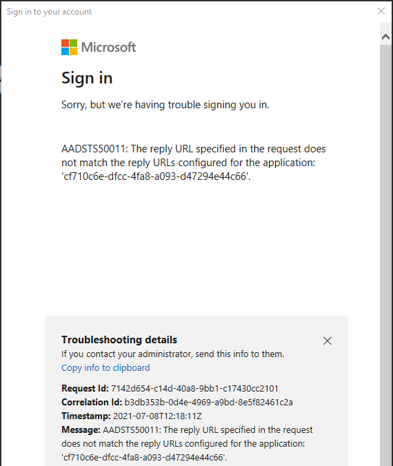 How can I resolve this error: AADSTS50011: The reply URL specified in the request does not match ...