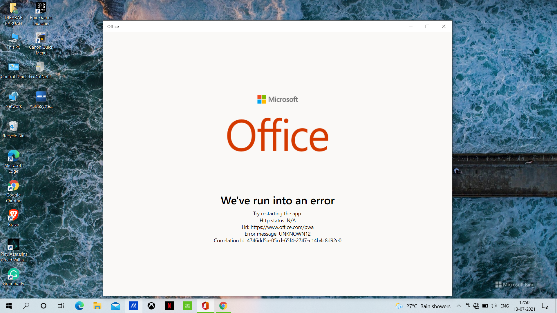 ERROE MESSAGE UNKNOWN 12 - Microsoft Q&A
