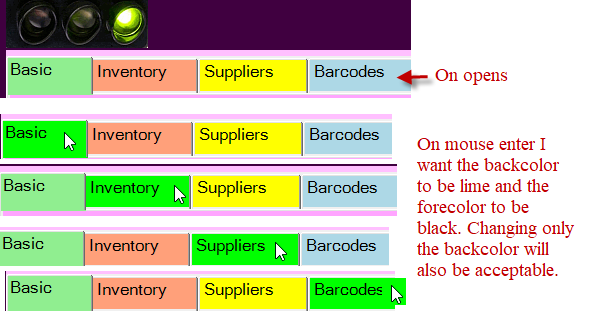 Have the tab header only changing backcolor on mouse enter and retrieve ...