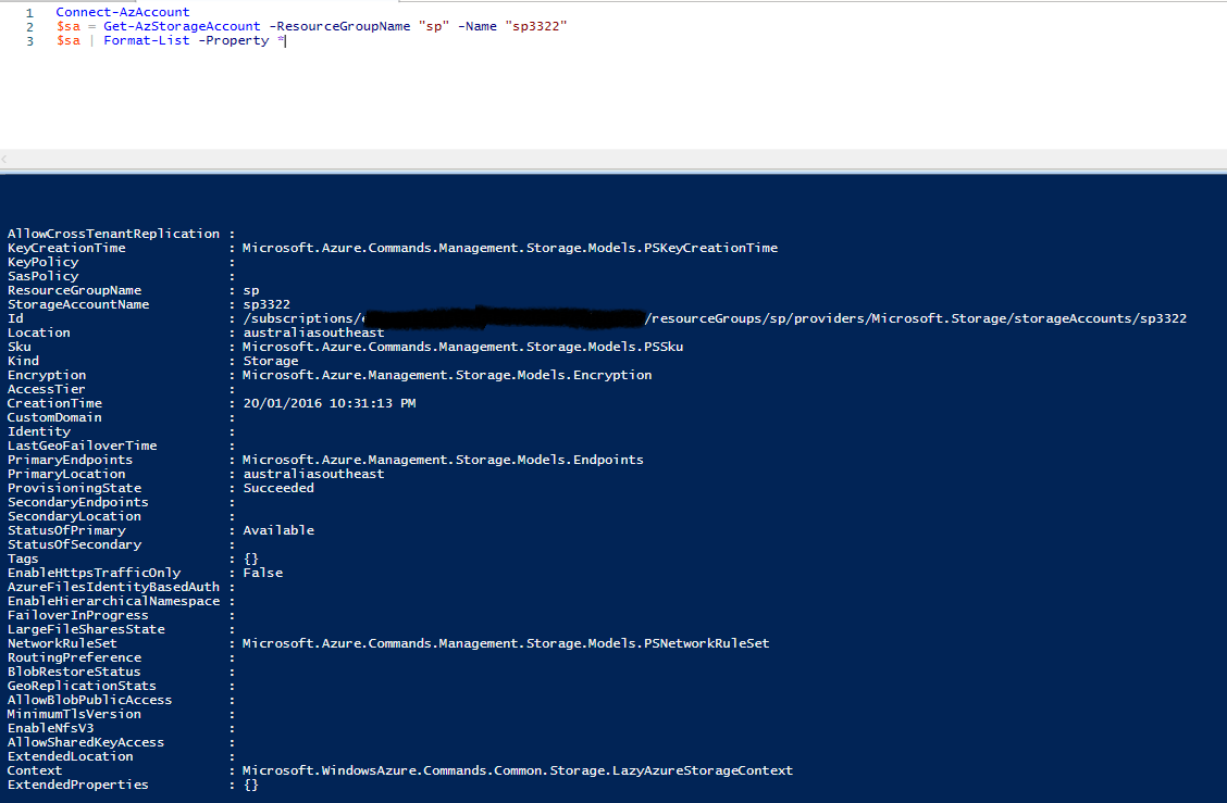 Unable to retrieve storage account properties using PowerShell ... Unable to retrieve storage account properties using PowerShell ...