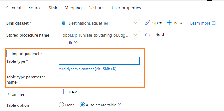 Import Parameter Table Type And Table Type Parameter Name For Stored Procedure In Azure Data