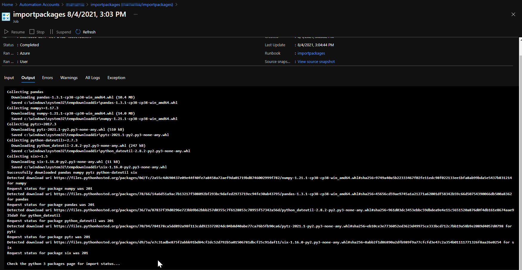 Problem With Python Runbook On Azure Autmation Accounts Script Does Not Wait For A Code To