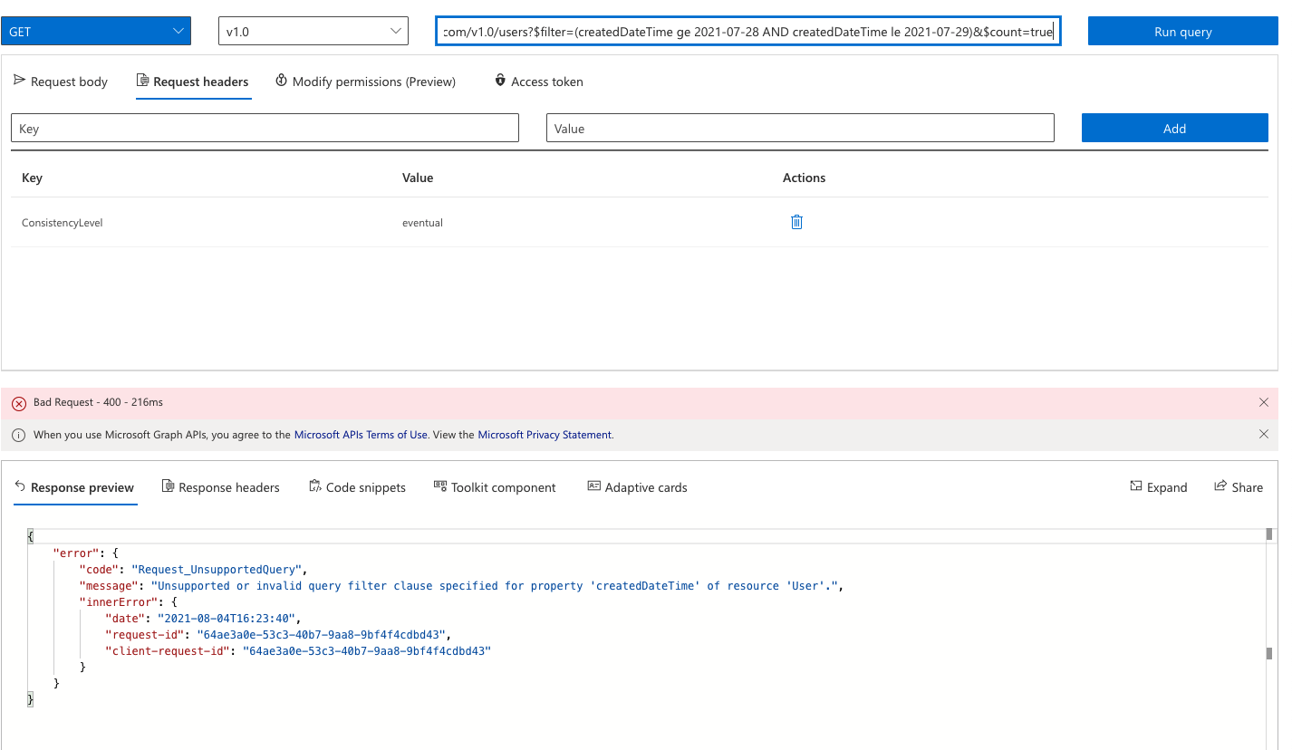 Azure Graph Api For Users Doesnt Support Filter By Createddatetime Anymore Microsoft Qanda