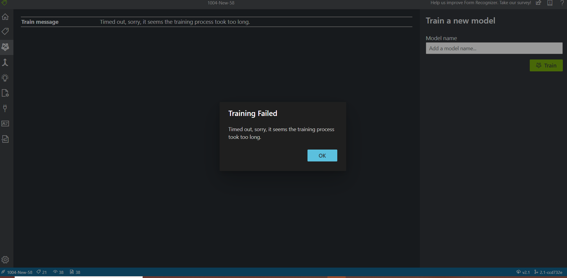 Form Recognizer Labelling Tool: "Timed out, sorry, it seems that the training process took too ...