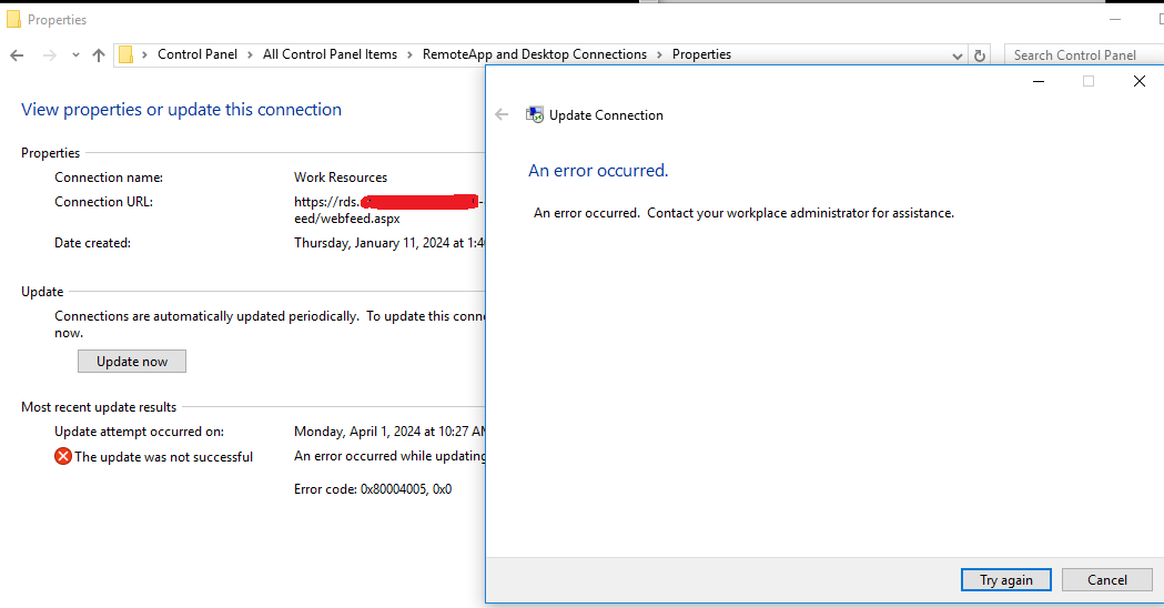 Unable to update connections in RemoteApp for user profiles - Microsoft Q&A