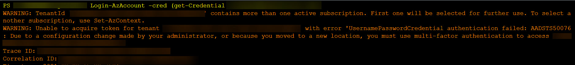 'UsernamePasswordCredential authentication failed: AADSTS50076 : Due to a configuration change ...