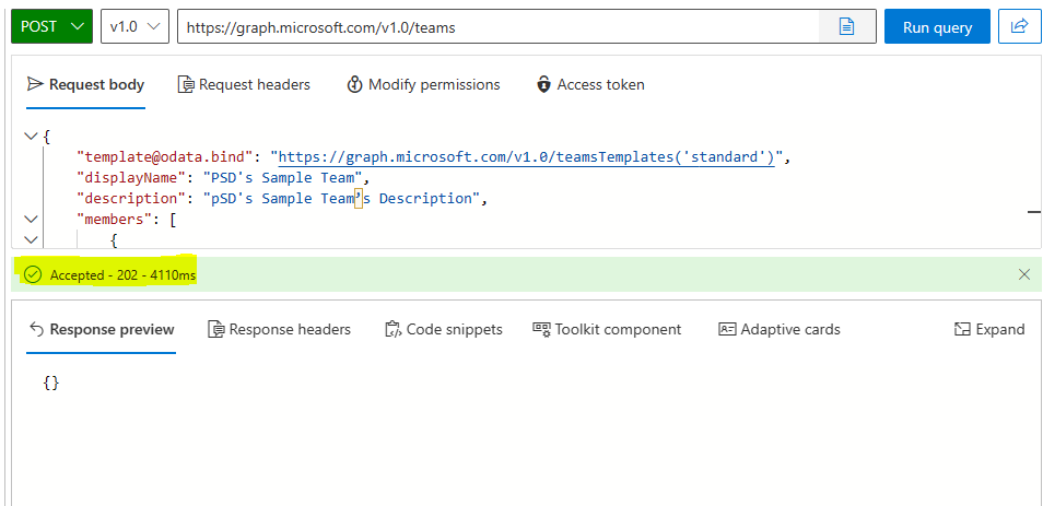 Create Teams response returning null - Microsoft Q&A