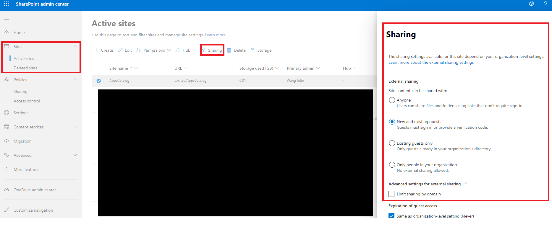 On our "SharePoint Online Admin > Policy > Sharing" is set to "Existing ...