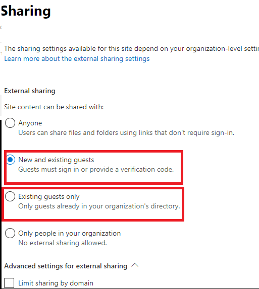 On our "SharePoint Online Admin > Policy > Sharing" is set to "Existing ...