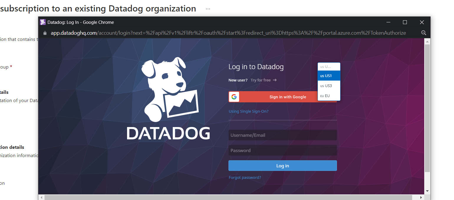 How can I link to a custom existing data dog org. from azure portal ...
