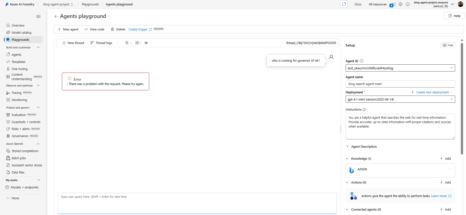 Bing grounding is inaccessible - total outage. ": There was a problem ...