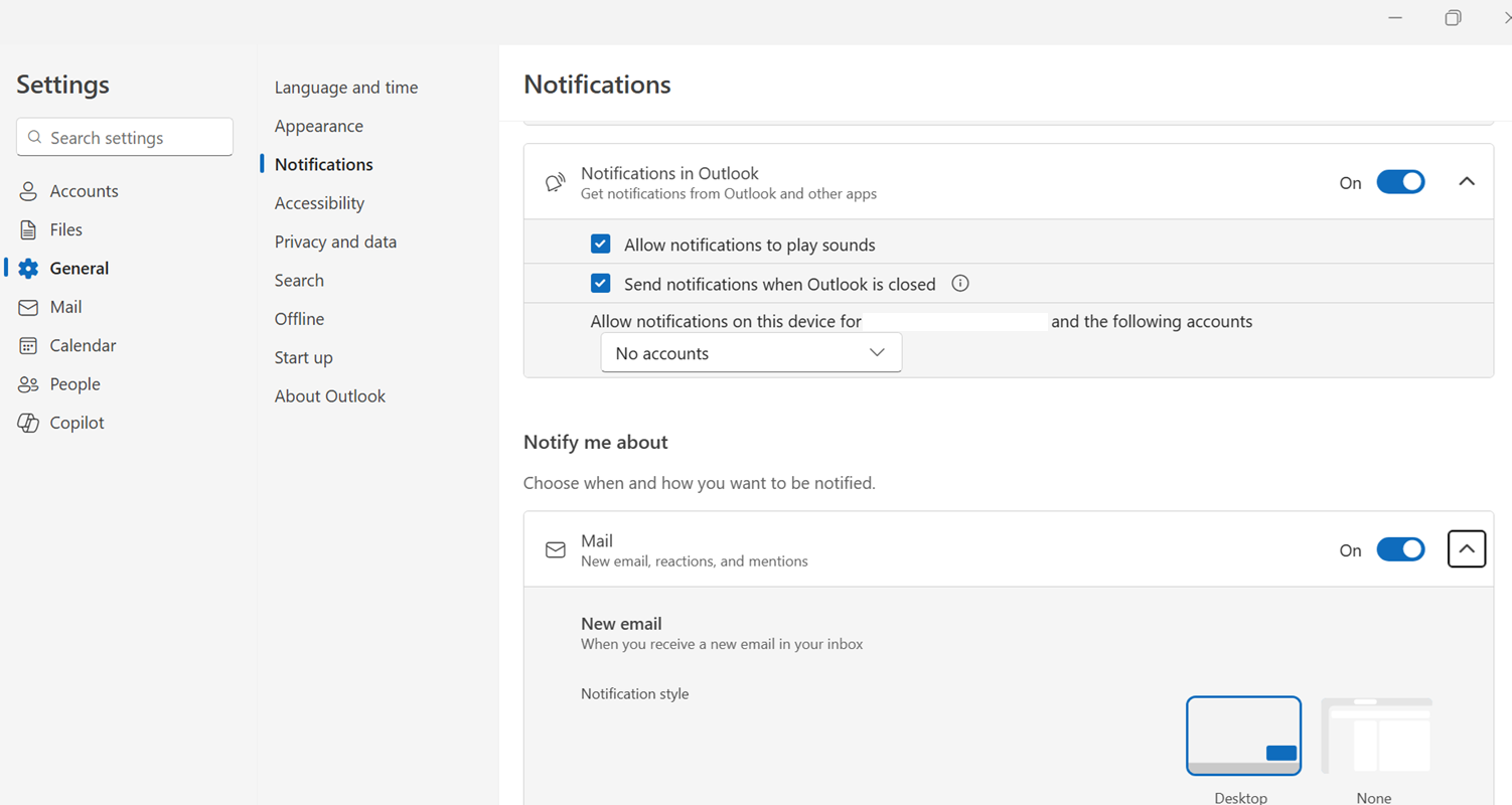 How to stop desktop notifications for second account in new Outlook ...