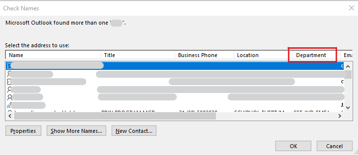 Outlook 2016 prevent 'Check Name' from checking Department - Microsoft Q&A