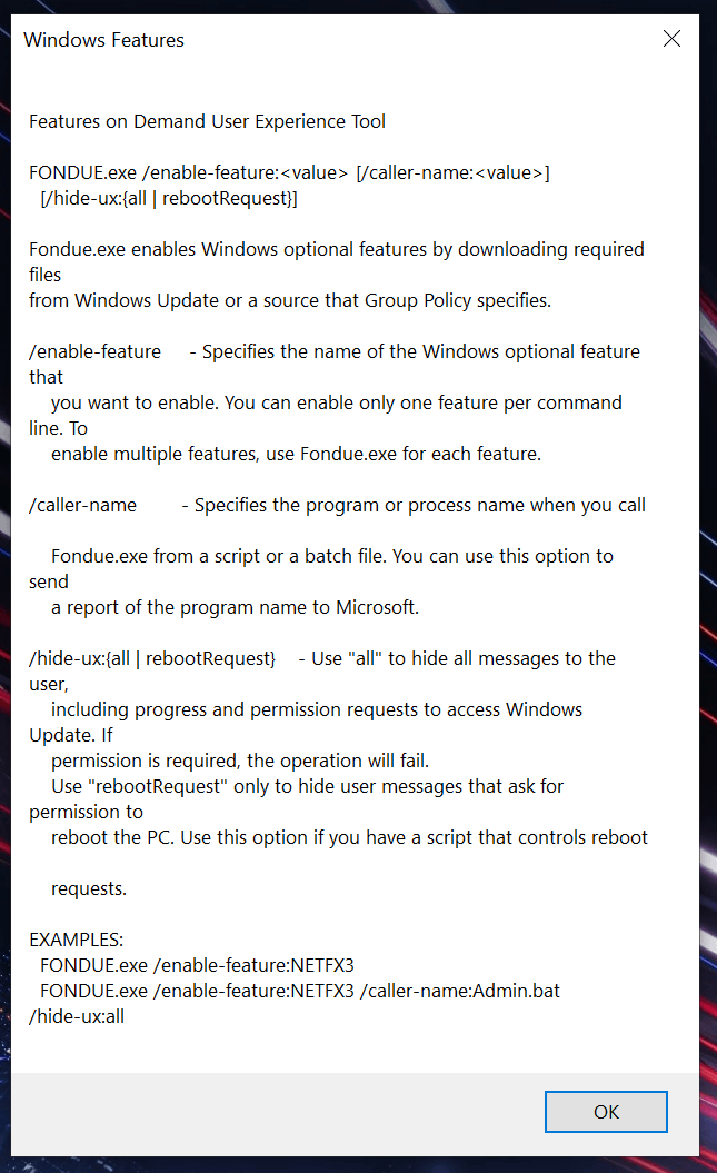 Fondue Windows Features Popup - Microsoft Q&A