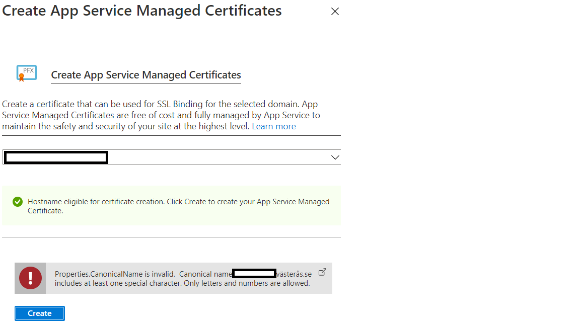 Cannot Create App Service Managed Certificate With Error Only Letters And Numbers Are Allowed