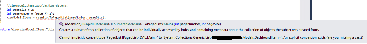 @Html PagedListPager(Model, ... cannot convert dashboardViewModel to PagedList.IPagedList ...