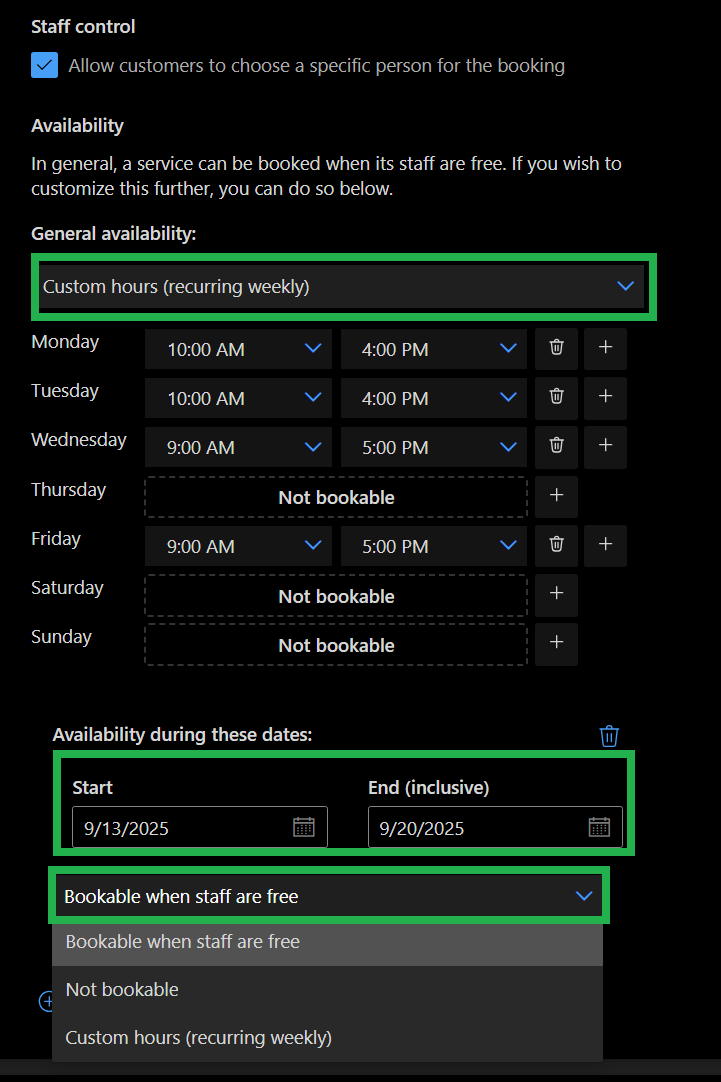 How to fix my bookings page aviablity times - Microsoft Q&A