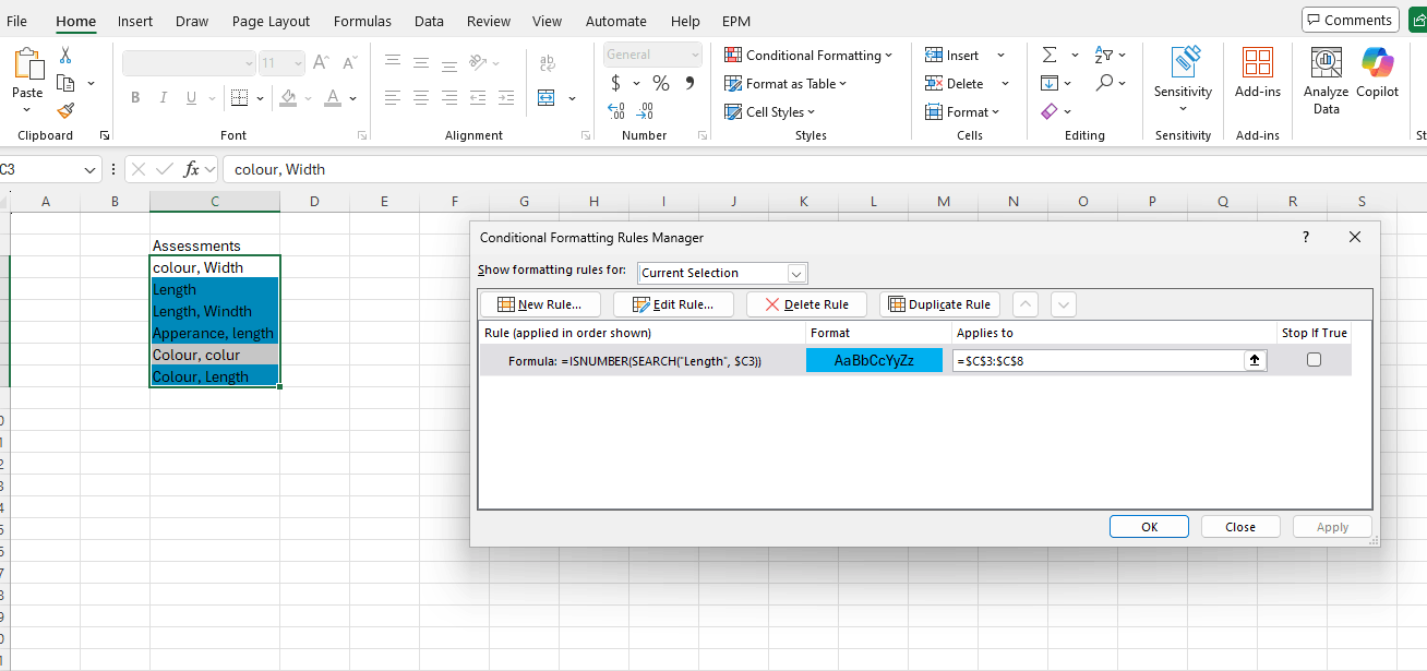 Conditional Format If another cell "contains" test - Microsoft Q&A