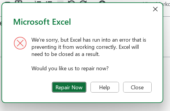 It's showing excel has run into an error that is preventing it from ...