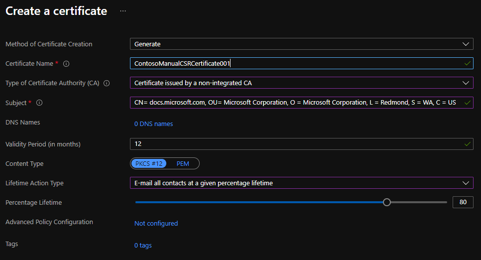 How to add additional X.500 information when creating a CSR in Azure ...