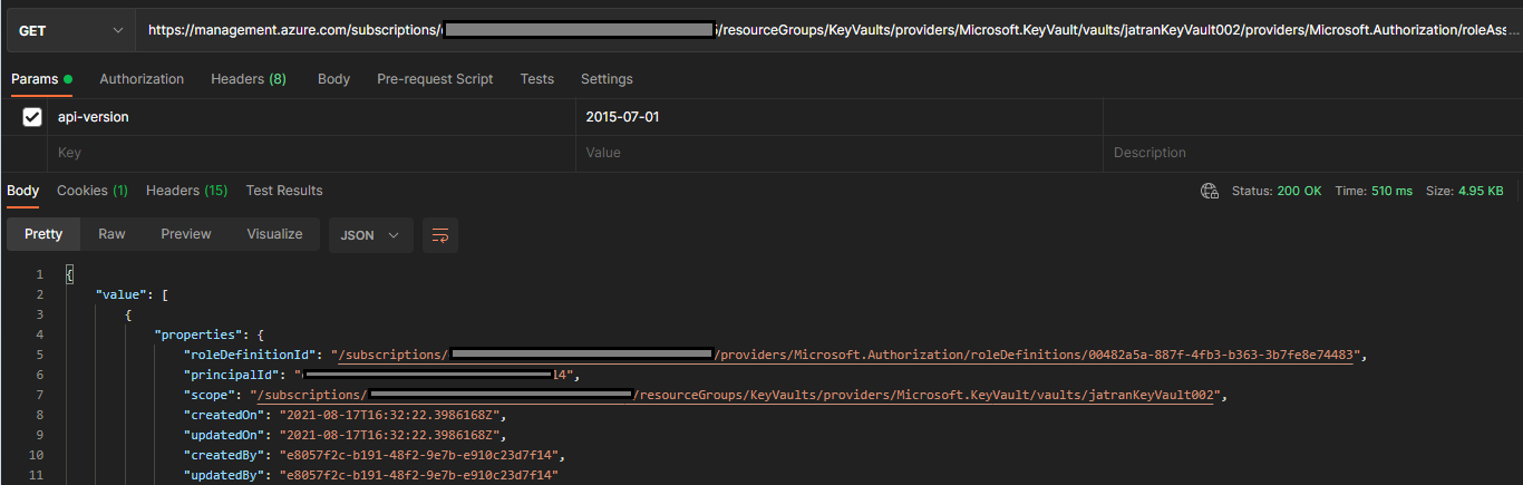 Cannot list role assignments in key vault by calling REST API ...