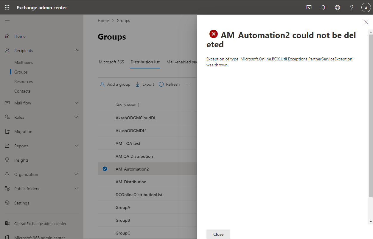 Cannot delete the distribution group in Exchange online admin center ... Cannot delete the distribution group in Exchange online admin center ...