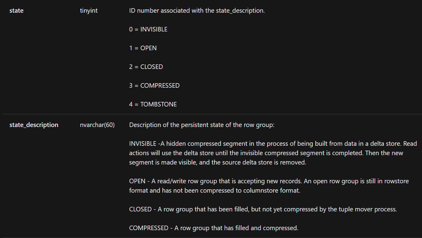 Columnstore index rowgroup TOMBSTONE - Microsoft Q&A