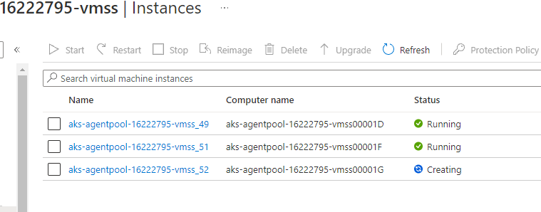 AKS Virtual machine scale set: one of 3 instances doesn't run, it freezes provisioning state in ...