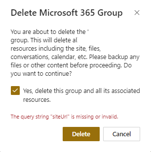 "The query string "siteUrl" is missing or invalid" when trying to delete Sharepoint - Microsoft Q&A