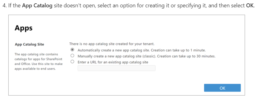 Creating tenant app catalog site - Microsoft Q&A