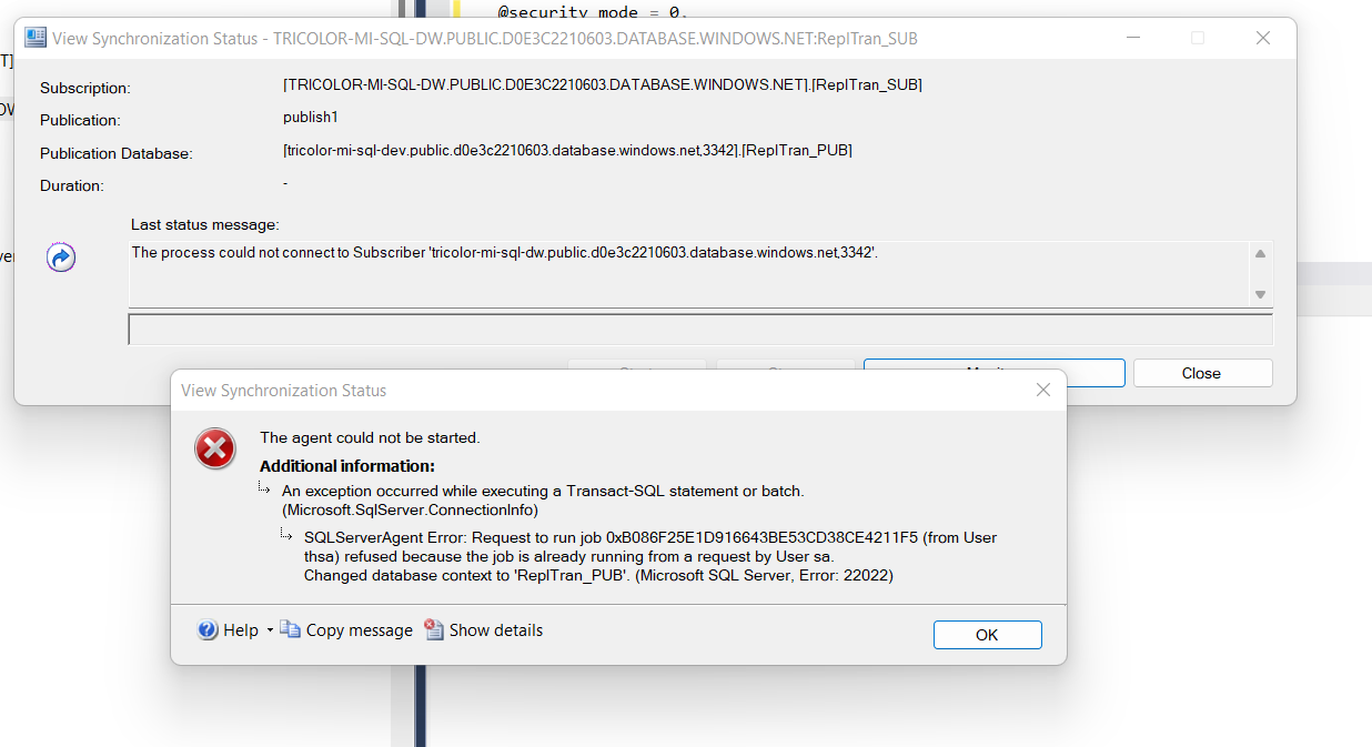 replication beetwen 2 Manage instance is not working ussing wizard , only executing script ...