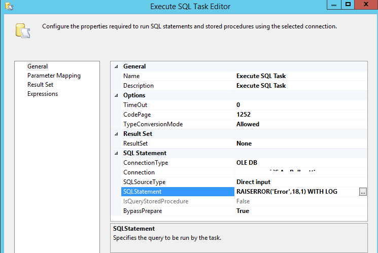RAISERROR in SSIS execute SQL task - Microsoft Q&A
