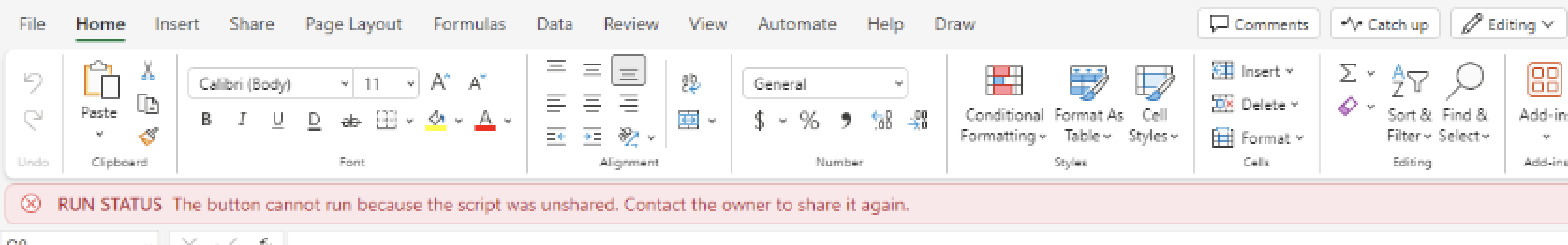 Excel script executable by button in workbook once only once, but fails ... Excel script executable by button in workbook once only once, but fails ...