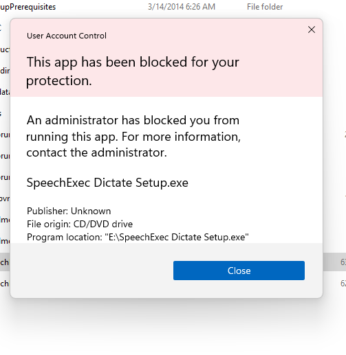 UAC Blocking program installation. User account is administrator, UAC ...