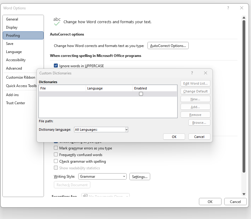 Custom Dictionary Dialogue Box is disabled - Microsoft Q&A
