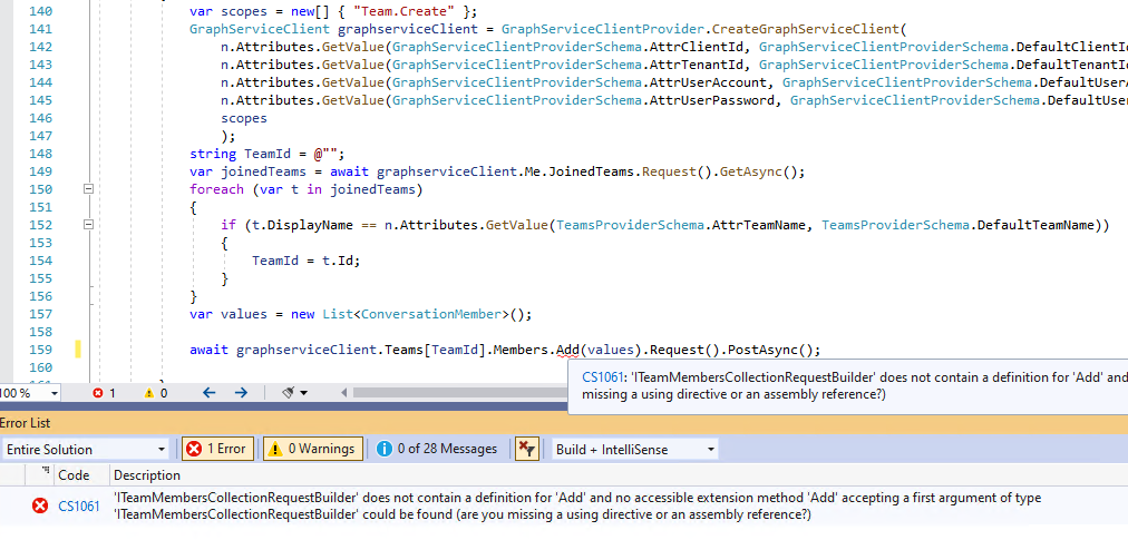 ITeamMembersCollectionRequestBuilder' does not contain a definition for 'Add' and no accessible ...