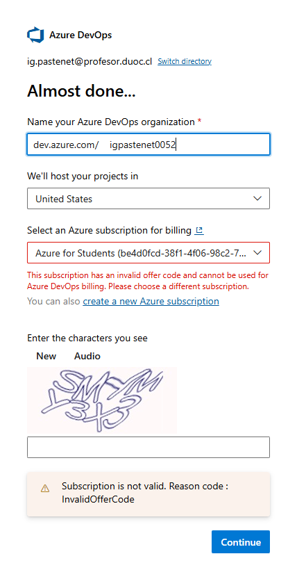 This subscription has an invalid offer code and cannot be used for Azure DevOps billing. Please ...