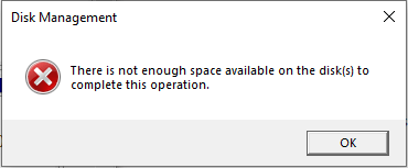 Not enough diskspace for completing this operation while Extending Dynamic Disk with unallocated ...