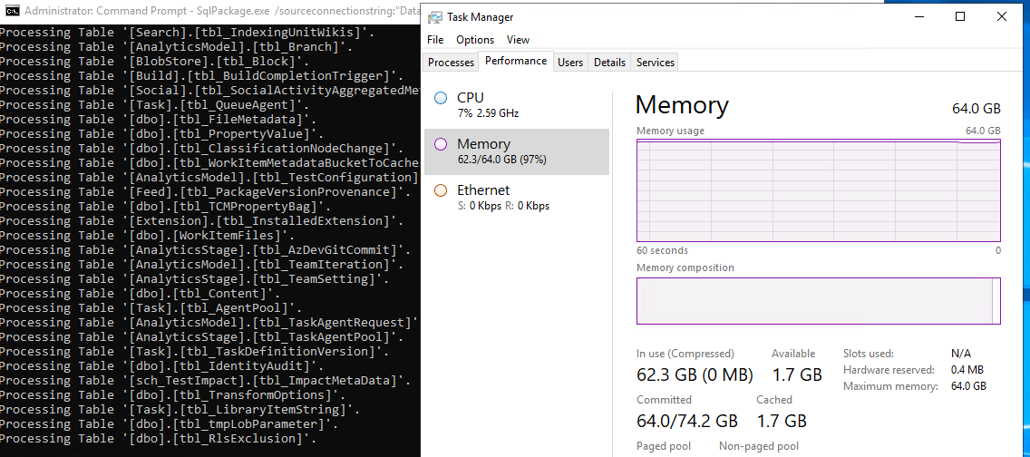 SQLPackage.exe export stuck on one table - Microsoft Q&A
