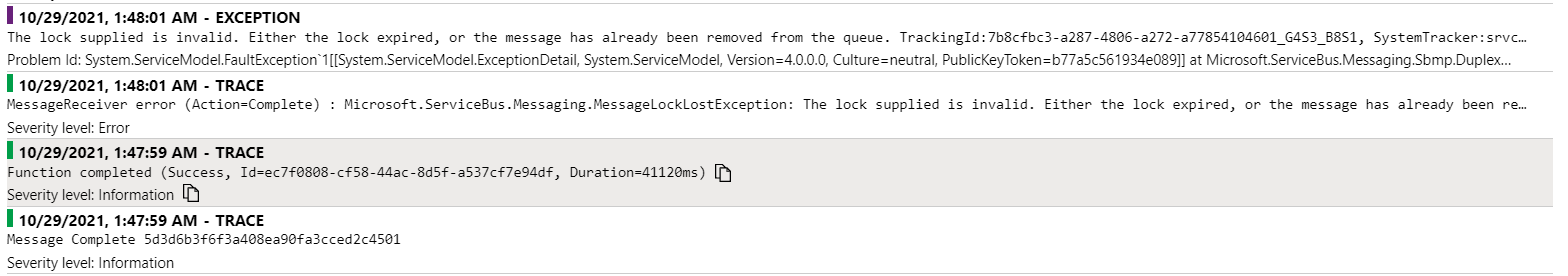 Getting MessageLockLostException while using ServiceBusTrigger ...
