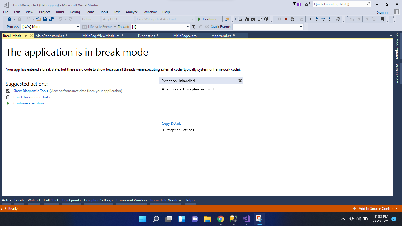 c# .net cross plat form android apps when start debug show apps break error - Microsoft Q&A