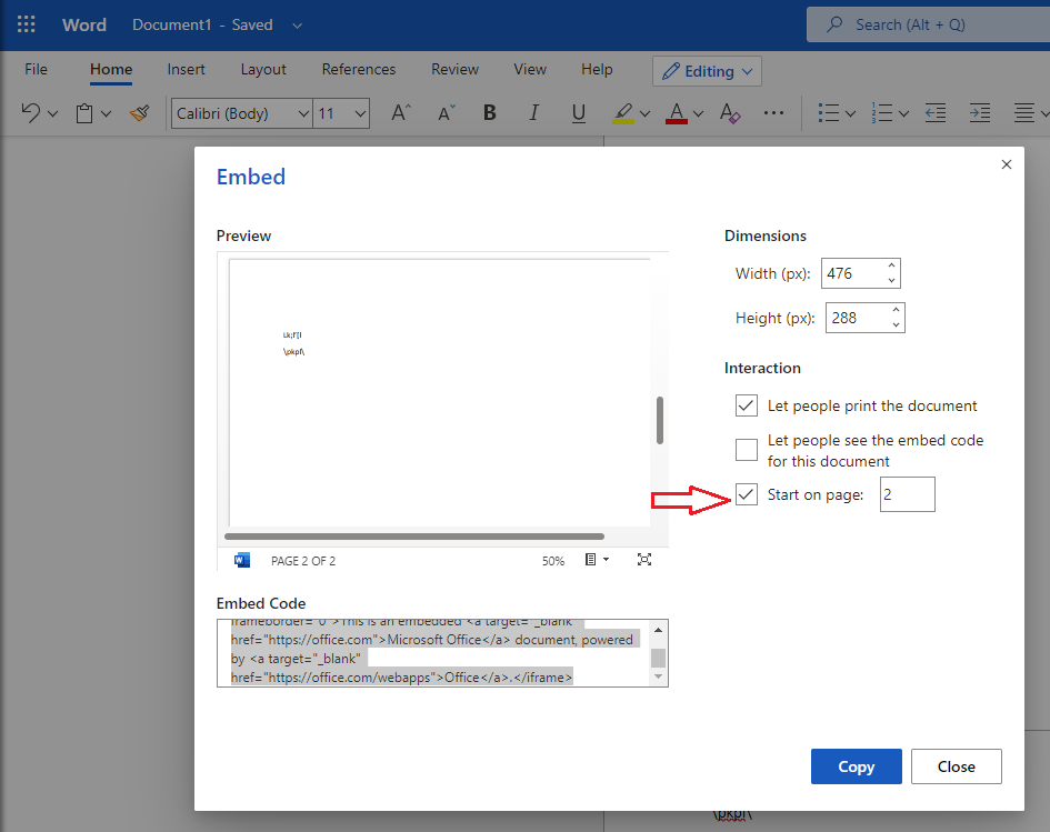 Is there a way to get embed code for only part of a document in Word ...